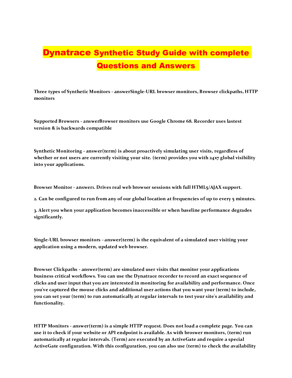 Dynatrace Synthetic Study Guide with complete Questions and Answers - Scholarfriends